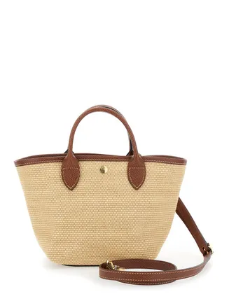 Longchamp Womens Shopper Bag With Leather Handles, Brown Cotton Tote