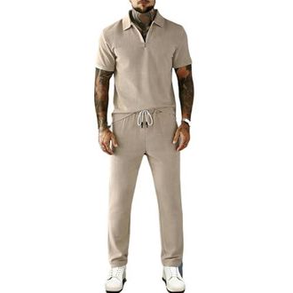 Generic Surv&ecirc;tement 2 pi&egrave;ces en velours c&ocirc;tel&eacute; &agrave; manches courtes et pantalon pour homme, kaki, XXL