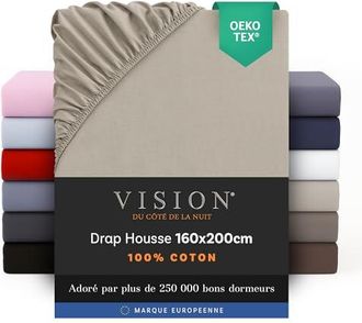 Vision Streetwear Drap Housse - 100% Coton Lit Double (160x200cm) - Beige | Coins &Eacute;lastiqu&eacute;s | Tissage Serr&eacute;: 57 Fils | Convient aux Matelas Jusqu&agrave; 30cm | Confortable |