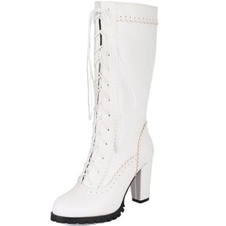 SJJH Bottes mi-longues avec fermeture &eacute;clair lat&eacute;rale | Bottes pour femme pour toutes les saisons, talon de 8,5 cm, la&ccedil;age r&eacute;glable, facile &agrave; porter, Blanc