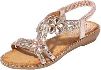 Generic Sandales plates dété pour femme - Motif floral - Style bohème - Taille 38 - 39 - Noir, rose, 38.5 EU