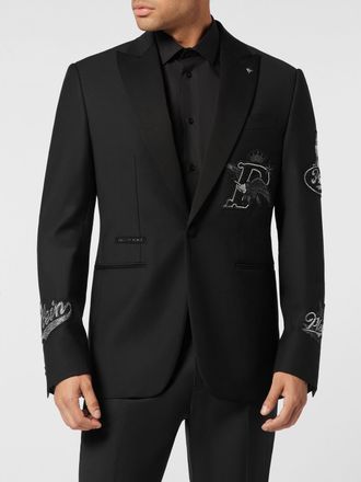 Philipp Plein Blazer droit en m&eacute;lange de laine avec patch et revers en pointe