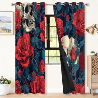 Generic Verdunkelungsvorhang Gotik Rote Rosen Totenkopf, Rot Blau W&auml;rmeisolierte Blickdichte Vorh&auml;nge mit &Ouml;sen f&uuml;r Wohnzimmer Schlafzimmer, H 183 x B 117 cm (