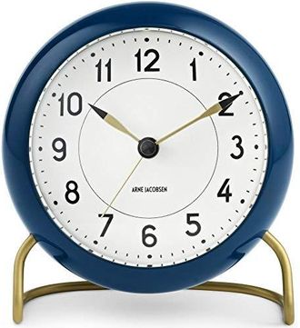 Arne Jacobsen Tischuhr &Oslash;11 cm Station Originaldesign Schlummerfunktion, blau, Dunkelgr&uuml;n