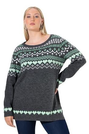 Ulla Popken Norweger-Pullover, Rundhals, Langarm, Weicher Strick Pull-Over, Gris foncé, 64-66 Femme