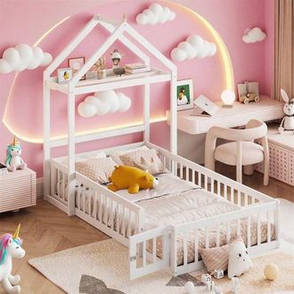 Generic Weißes Kinderbett 90x200 cm aus Massivholz - mit Stauraum, Vollschutzgitter, Tür & Lattenrost (White)