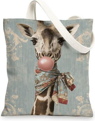 Generic Sacs fourre-tout vintage en toile motif girafe, sacs dépicerie réutilisables, légers et lavables avec bandoulière, bleu, 13x15 Inch