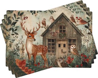 Generic Rustikale Platzsets mit Hirsch, 4 St&uuml;ck, gr&uuml;ner Wald, Natur, Platzsets f&uuml;r Herbst, Urlaub, Esstisch, waschbar, f&uuml;r drinnen und drau&szlig;en, dekorative Sto