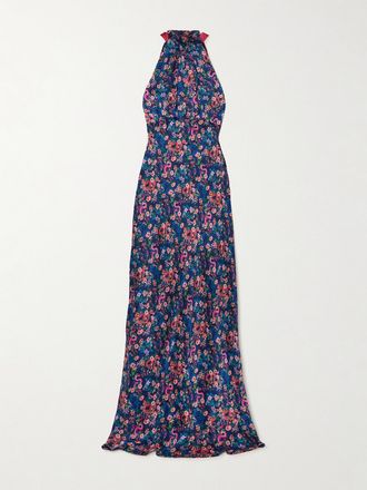 Saloni Michelle Maxikleid Aus Seidensatin Mit Blumenprint Und R&uuml;ckenausschnitt - Blau