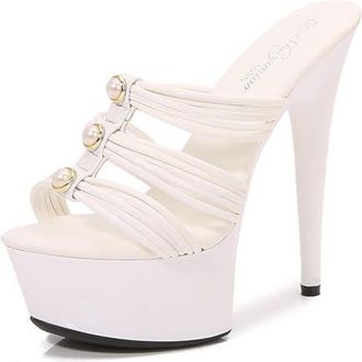 Generic Blanc,37 EU,Sandales à Perles pour Femmes, Bout Ouvert, Plateforme, Talons Aiguilles, Escarpins à Bride arrière, Chaussures de soirée de Mariage