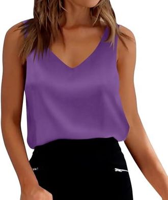 Generic D&eacute;bardeurs en satin pour femme avec col en V et sans manches - Camisole d&eacute;t&eacute; basique - Haut de travail, a violet, XS