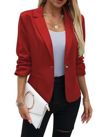 Generic Blazer de travail d&eacute;contract&eacute; &agrave; manches longues avec boutons &agrave; revers et poches pour femme, Rouge, XXL