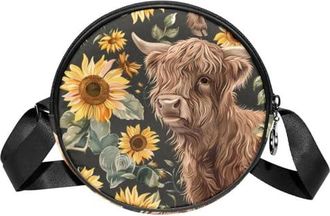 Generic Sac &agrave; bandouli&egrave;re rond pour femme, motif vache et tournesol avec fermeture &eacute;clair et bretelles r&eacute;glables