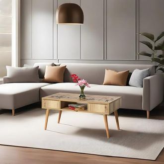 Hanah Home Stylish Coffee Table with Beechwood Legs, Atlantic Pine, 97 x 55 x 45 cm | 100% Melamine Coated Particle Board, 18 mm Thick | Wall-Fixable Design for 