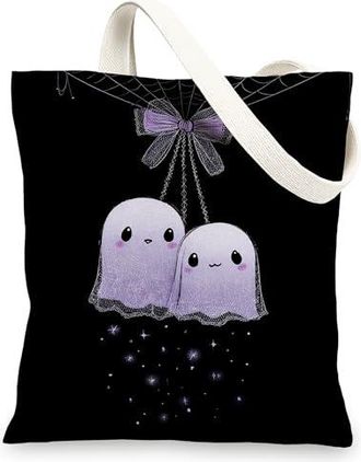 Generic Sac fourre-tout en toile motif fantôme mignon, adorable motif de personnage dHalloween, sac réutilisable, amusant léger et lavable avec bandoulière, N