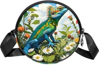 Generic Petit sac &agrave; bandouli&egrave;re circulaire pour femme, motif l&eacute;zard fleur, sac &agrave; dos &agrave; bandouli&egrave;re avec fermeture &eacute;clair, bretelles r&eacute;glables, sac &agrave; main rond