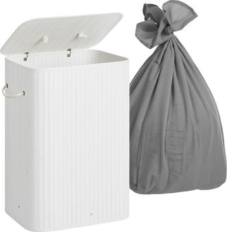 Relaxdays W&auml;schekorb mit Deckel, 2 F&auml;cher, Bambus, 105 l, faltbar, HxBxT: 63 x 52 x 32 cm, W&auml;sche Sortiersystem, wei&szlig;