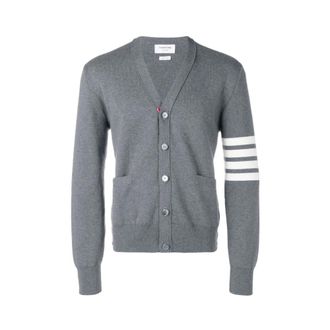 Thom Browne Homme, Pulls, Gris, Taille: L Cardigan Gris Moyen en Coton avec Point de 4 Barres
