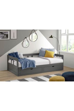 MID.YOU Mid.you Ausziehbett, Anthrazit, Holz, Kiefer, massiv, vollmassiv,vollmassiv, H&ouml;he ca. 20 cm, 90x200 cm, FSC MIX, Bettkasten, Lattenrost, Kinder- & Jug