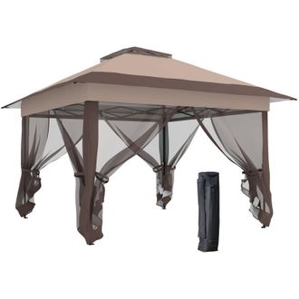 OUTSUNNY Tonnelle barnum de jardin pop-up pliant 3,64L x 3,64l x 2,98H m acier polyester moustiquaires + sac de transport &agrave; roulettes beige marron
