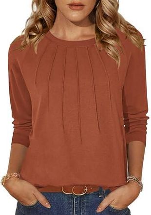 Zeagoo T-Shirt Femme Manches Longues Col Rond Hauts Chic &eacute;l&eacute;gant Tunique D&eacute;contract&eacute; Tee Shirt pour Automne Hiver Caramel XL