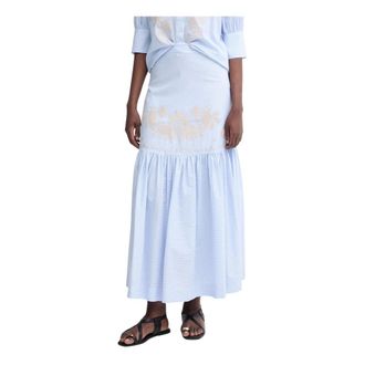 Twinset Femme, Jupes, Bleu, Taille: 36 FR Jupe Longue Ray&eacute;e avec Volant et Broderie
