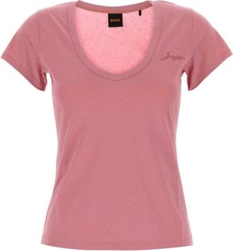 HUGO BOSS Femme, Tops, Rose, Taille: 38 FR T-shirt &agrave; Col en V avec Logo Brod&eacute;