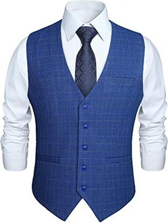 Hisdern Gilet Costume Homme Coton Carreaux sans Manche Casual Mariage Formel Business Veste Gilets