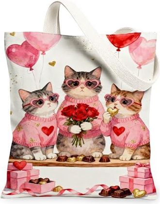 Generic Sac fourre-tout en toile motif chat mignon, adorable motif f&eacute;lin, sacs d&eacute;picerie r&eacute;utilisables, pour la Saint-Valentin, mignon, vintage, l&eacute;ger, lavabl