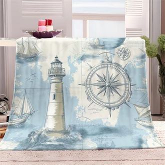 Generic Rétro Couverture voilier Phare océan Plaid Polaire 220x240 cm Adultes denfants Couverture en Flanelle Sherpa Super Douce et Chaude pour Canapé Chaise 