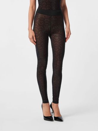 Philipp Plein Legging taille haute transparent en tulle avec logo en strass