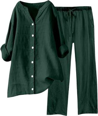 Generic Ensemble 2 pi&egrave;ces pour femme, chemisier &agrave; jambes larges, poches, pantalon &eacute;lastique, d&eacute;contract&eacute;, col en V, mode streetwear (Dark Green, XXXXXL)