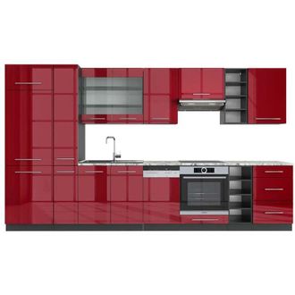 Vicco Küchenzeile Fame-Line, Bordeaux Hochglanz/Anthrazit, 355 cm, AP Marmor, Vicco