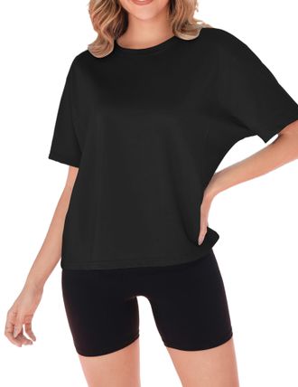 Zeagoo Oversized Tshirt Damen Halbarm Rundhals Sport T-Shirt Casual Locker Basic Shirt Sommer Square Naht Schwarz L