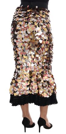 Dolce & Gabbana Womens Gold Sequined Peplum High Waist Skirt Black Cotton