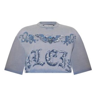 Philipp Plein Cropped T-Shirt Butterfly Tattoo - - Tops - Damen - Blau - S