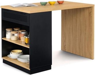 IDMarket Ilot central mange-debout 4 personnes VITO 130 cm noir et plateau bois