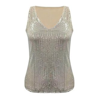 Generic D&eacute;bardeur &agrave; paillettes argent&eacute;es pour femme - Col en V - Sans manches - Couleur unie - &Agrave; paillettes - Mode - Polyvalent - Basique - Pour les f&ecirc;tes, Or