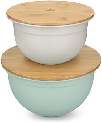 Navaris 2X Saladier avec Couvercle - 2X Bol M&eacute;langeur &Oslash; 16cm et &Oslash; 20cm avec Couvercle Bambou - Bo&icirc;te de Rangement pour Conservation des Aliments