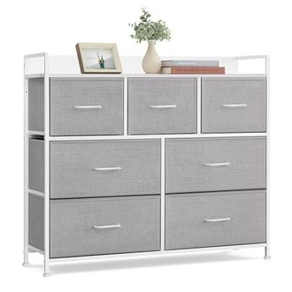 Songmics Kommode, Schrank, 7 Stoffschubladen mit Griffen, Metallgestell, Industrie-Design, Taubengrau-wolkenwei&szlig; LTS523L10