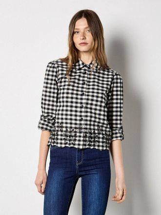 Apricot Karobluse Gingham-Hemd mit besticktem Saum Stickerei