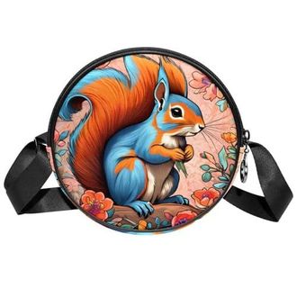 Generic Sac &agrave; bandouli&egrave;re rond pour femme, motif &eacute;cureuil color&eacute;, petit sac &agrave; dos &agrave; bandouli&egrave;re avec fermeture &eacute;clair, bretelles r&eacute;glables, sac &agrave; main rond d&eacute;