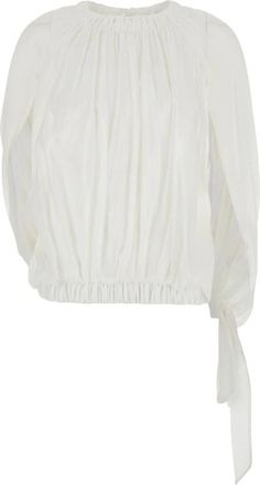 Semicouture Femme, Blouses et Chemises, Blanc, Taille: 38 FR Crop Top Col Rond avec Drap&eacute; Lat&eacute;ral et Volants