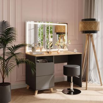 Vicco Schminktisch Karen, Anthrazit/Artisan, 110 cm mit Hocker und LED-Spiegel, Vicco