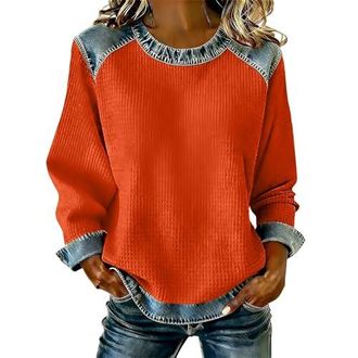 Generic Sweat-shirts pour femme sans capuche vintage en tricot gaufr&eacute; denim patchwork sweatshirts surdimensionn&eacute;s &agrave; col rond pulls de couleurs blocs de couleu