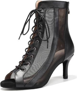 Generic Chaussures de danse latine pour femme - Noir - Avec maille - Bout ouvert - Pour salle de bal - Salsa Tango - Chaussures de performance confortables - 