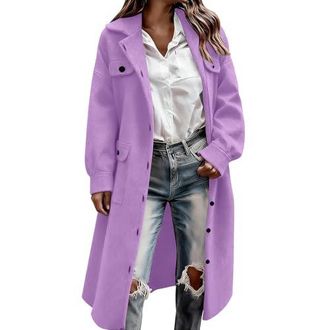 Generic Veste longue en flanelle pour femme Couleur unie Cardigan Boutonné Hiver Veste chaude en laine Shacket Bleu, lilas, S