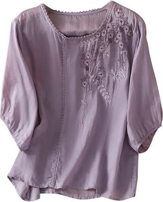 Generic Chemisiers en lin pour femme &agrave; manches 3/4 avec broderie r&eacute;tro, motif floral, hauts &agrave; manches 3/4, tunique d&eacute;t&eacute; boh&egrave;me tendance, violet, XXL