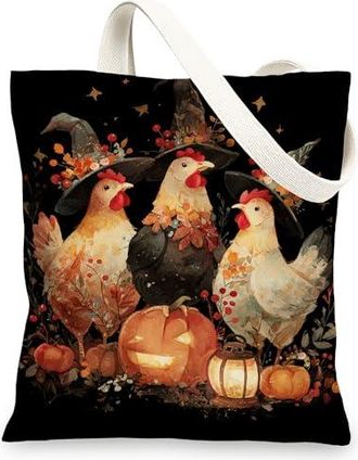 Generic Sacs fourre-tout en toile motif poulets fantaisie, sacs dépicerie réutilisables, vintage automne, légers et lavables, noir, 13x15 Inch