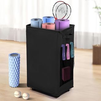 Generic Yogamatten-Aufbewahrungsregal, Heim-Fitnessstudio mit Rollen, 2 Netz-Seitentaschen, Korb for 4 Personen, Schaumstoffrollen(Black)